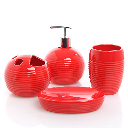MyGift 4 Piece Modern Red Ceramic Bathroom Accessory Set with Ribbed Design, Includes Lotion/Liquid Soap Dispenser Pump, Toothbrush Holder, Tumbler, and Soap Dish
