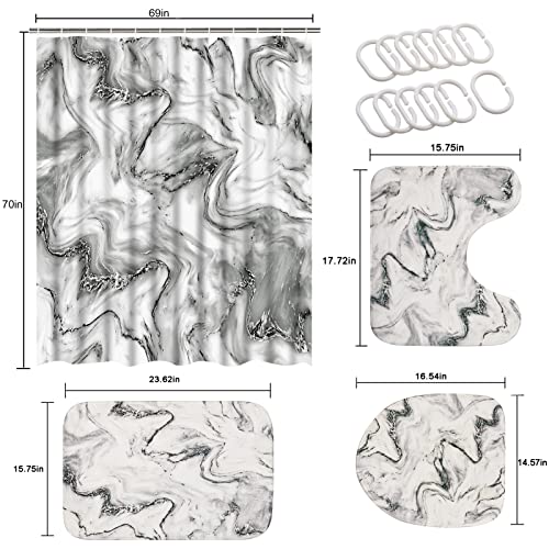 Claswcalor 4 Pcs Grey Marble Shower Curtain Sets with Non-Slip Rug, Toilet Lid Cover and Bath Mat, Abstract White and Gray Shower Curtain with Hooks, Modern Luxury Shower Curtains for Bathroom Decor