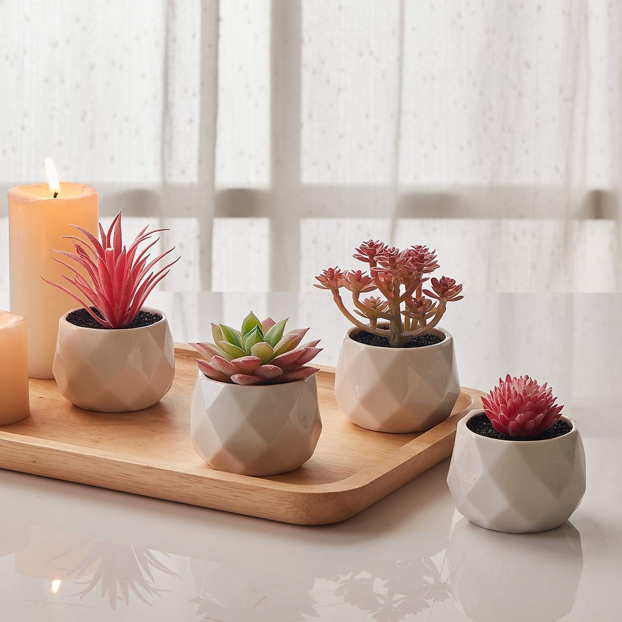 CADNLY Fake Succulent Plant Set - Artificial Desk Plants for Women Desk - Realistic Faux Succulents in Ceramic Pots - Mini Pink Decor for Bedroom Bathroom Office Shelf Decor