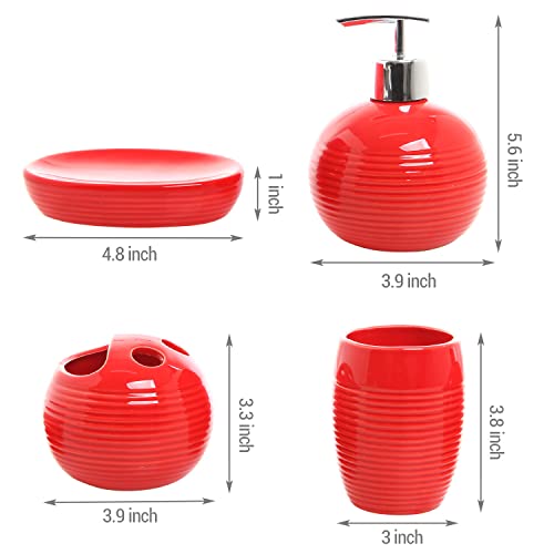 MyGift 4 Piece Modern Red Ceramic Bathroom Accessory Set with Ribbed Design, Includes Lotion/Liquid Soap Dispenser Pump, Toothbrush Holder, Tumbler, and Soap Dish