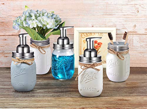 Mason Jar Bathroom Set(3 Piece)-Foaming Soap Dispenser, Toothbrush Holder,Flower Vase,for Wedding House Decor Countertop and Vanity Organizer Bathroom Kitchen Farmhouse Décor (Brushed Nickel
