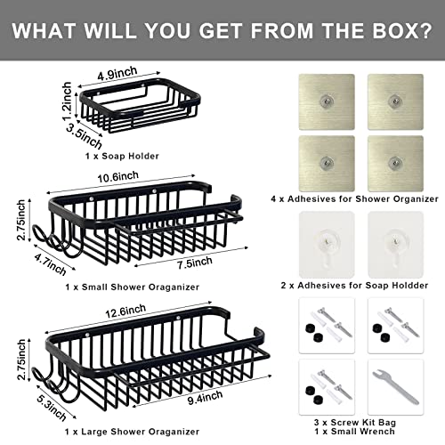 Shower Storage for Inside Shower, 3 Pack Shower Organizer with Hooks and Soap Holder, Adhesive Wall Mount Shower Shelves, Rustproof Black Shower Caddy Basket Shelf Storage Rack for Bathroom Kitchen