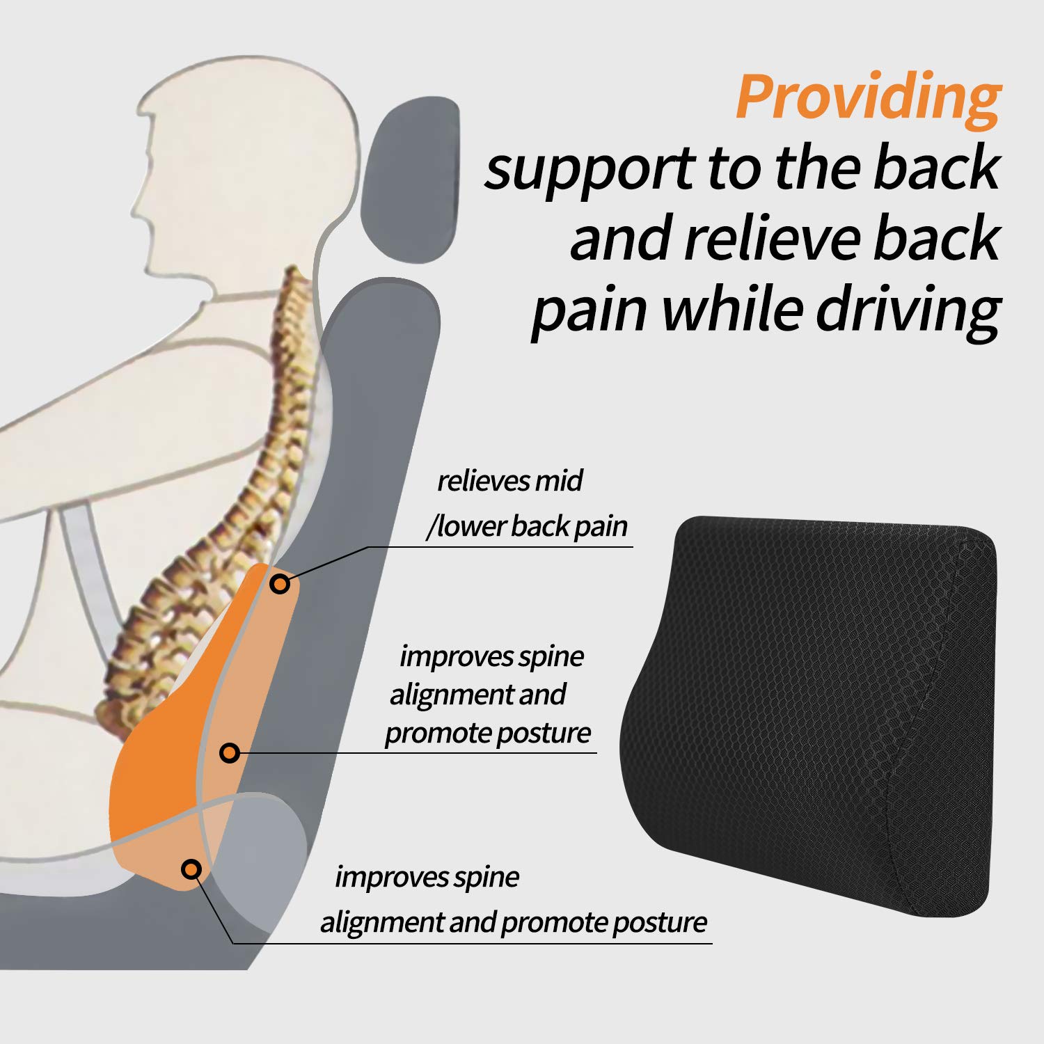 TISHIJIE Memory Foam Lumbar Support Pillow for Car - Mid/Lower Back Support Cushion for Car Seat (Black)