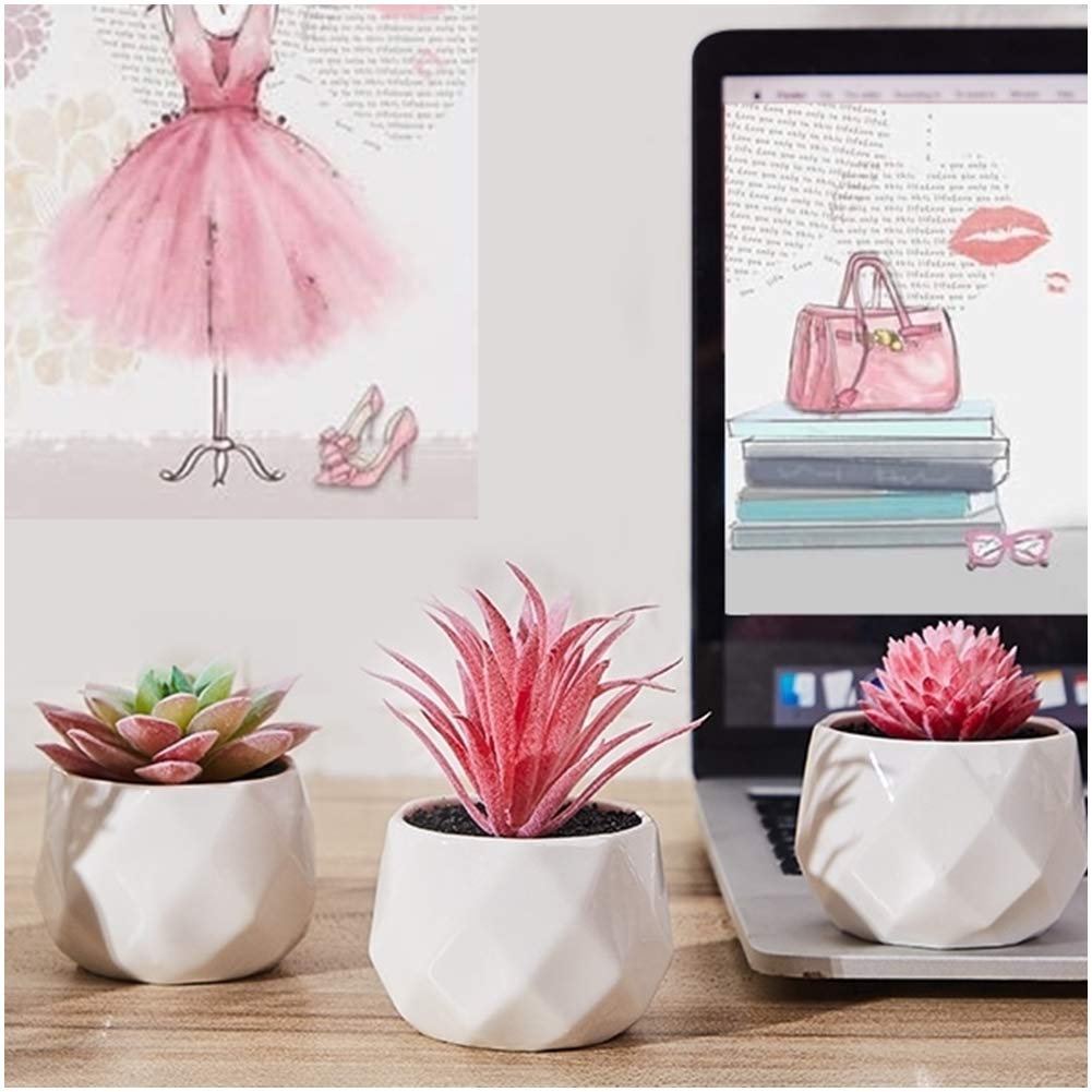 CADNLY Fake Succulent Plant Set - Artificial Desk Plants for Women Desk - Realistic Faux Succulents in Ceramic Pots - Mini Pink Decor for Bedroom Bathroom Office Shelf Decor