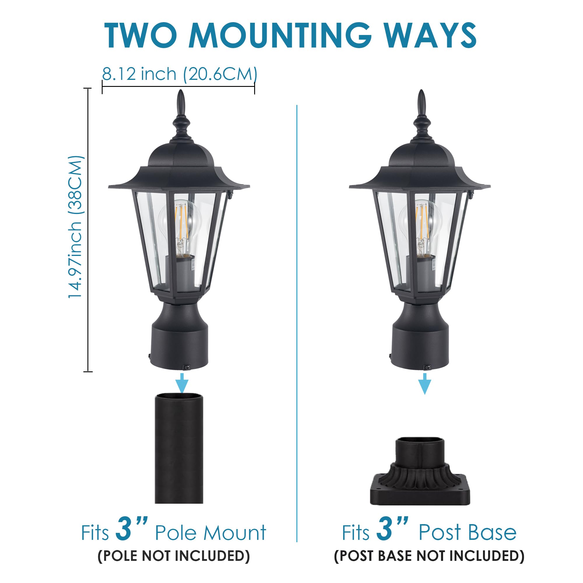 GRUENLICH Outdoor Post Lighting Fixture Pole Lantern, E26 Medium Base Max 60W, Aluminum Housing Plus Glass, Bulb Not Included, Black Finish, 1 Pack
