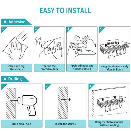 EATAKWARD 4 Pack Shower Caddy Basket Shelf with Soap Dish,Hair Dryer Holder &Hooks Strong Adhesive Wall Mounted Shelf Organizer Storage Rack 304 Stainless Steel Shelves for Bathroom Kitchen, Black