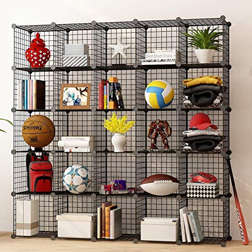 KOUSI 14"x14" Wire Cube Storage, Metal Grid Organizer, 25-Cube Modular Shelving Unit, Stackable Bookcase, Ideal for Living Room, Bedroom, Office, Garage