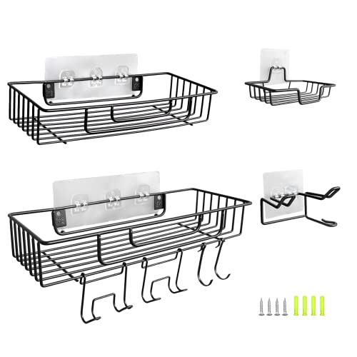 EATAKWARD 4 Pack Shower Caddy Basket Shelf with Soap Dish,Hair Dryer Holder &Hooks Strong Adhesive Wall Mounted Shelf Organizer Storage Rack 304 Stainless Steel Shelves for Bathroom Kitchen, Black