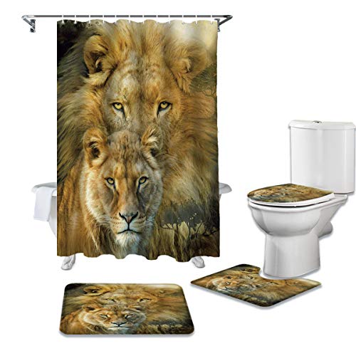 BULING 4Pcs Shower Curtain Set with Rugs,Mighty Lion Father and Son Shower Curtain with 9 Hooks, Bath Mat, Toilet Lid Rug and Non-Slip U Shape Mat Accessories