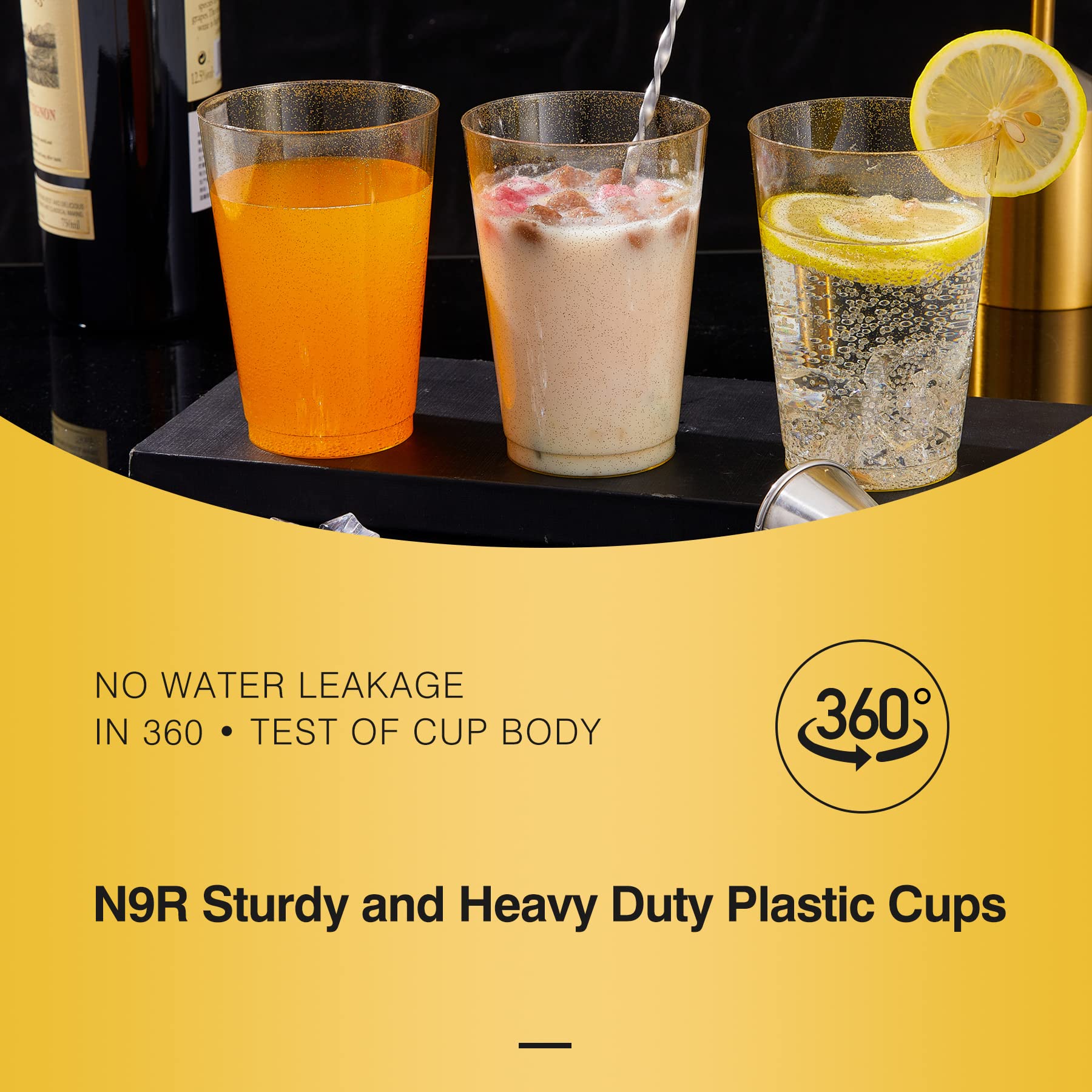 N9R 100pcs 12oz Gold Plastic Cups, Gold Glitter Disposable, Elegant Wedding and Party Cups