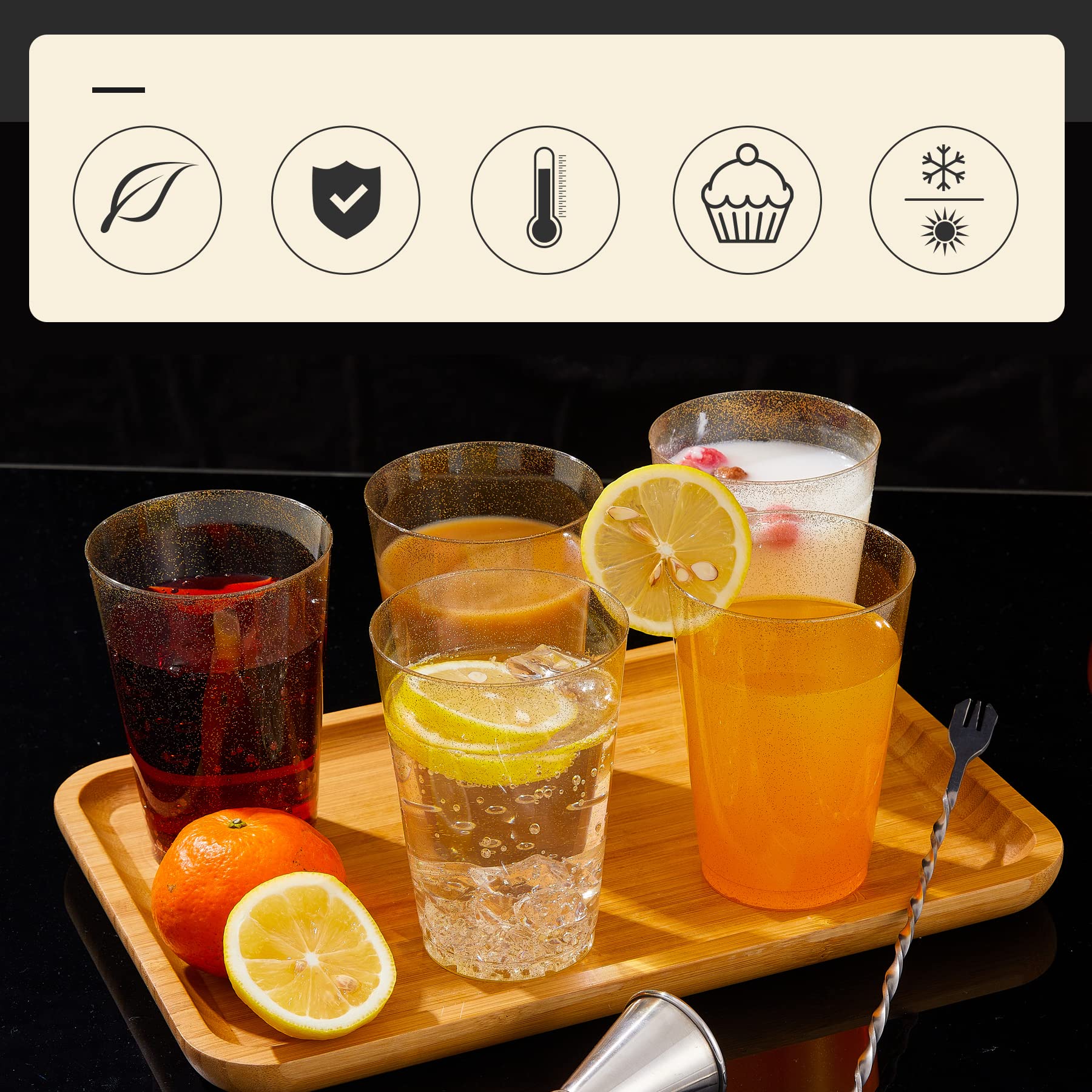 N9R 100pcs 12oz Gold Plastic Cups, Gold Glitter Disposable, Elegant Wedding and Party Cups