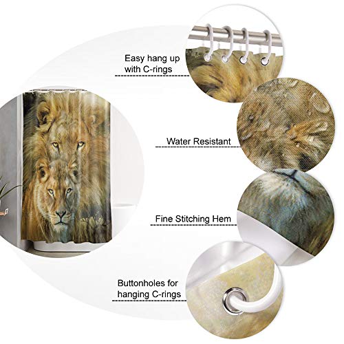 BULING 4Pcs Shower Curtain Set with Rugs,Mighty Lion Father and Son Shower Curtain with 9 Hooks, Bath Mat, Toilet Lid Rug and Non-Slip U Shape Mat Accessories