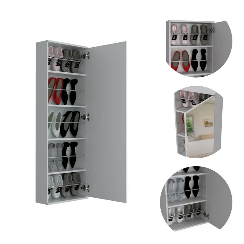 TuHome White Modern Engineered Wood LETO Wall Mounted Shoe Rack with Mirror