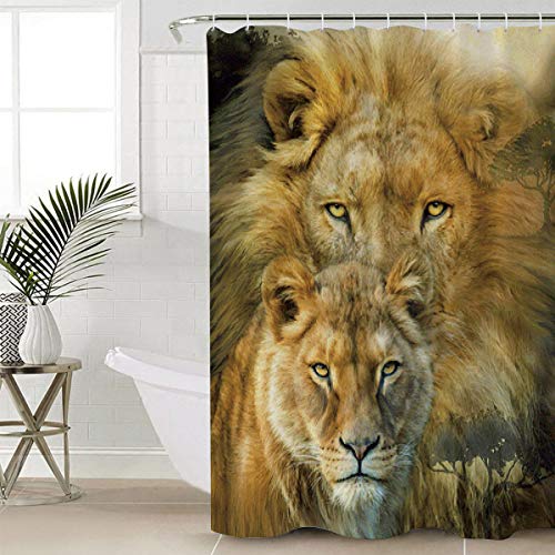 BULING 4Pcs Shower Curtain Set with Rugs,Mighty Lion Father and Son Shower Curtain with 9 Hooks, Bath Mat, Toilet Lid Rug and Non-Slip U Shape Mat Accessories