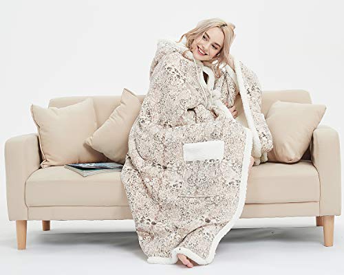 Marquess Hooded Throw Robe Wrap Ultra Soft Plush Coral Fleece & Sherpa Wearable Blanket with 2 Pockets Print Chic Lifestyle Gift 51 x 71'' (Beige Point)