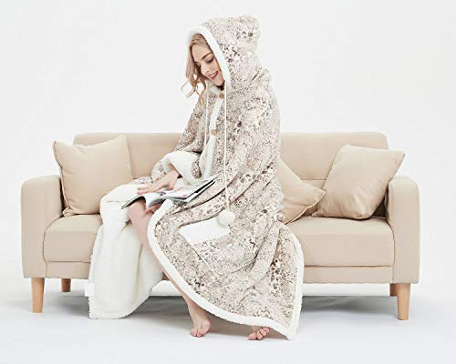 Marquess Hooded Throw Robe Wrap Ultra Soft Plush Coral Fleece & Sherpa Wearable Blanket with 2 Pockets Print Chic Lifestyle Gift 51 x 71'' (Beige Point)