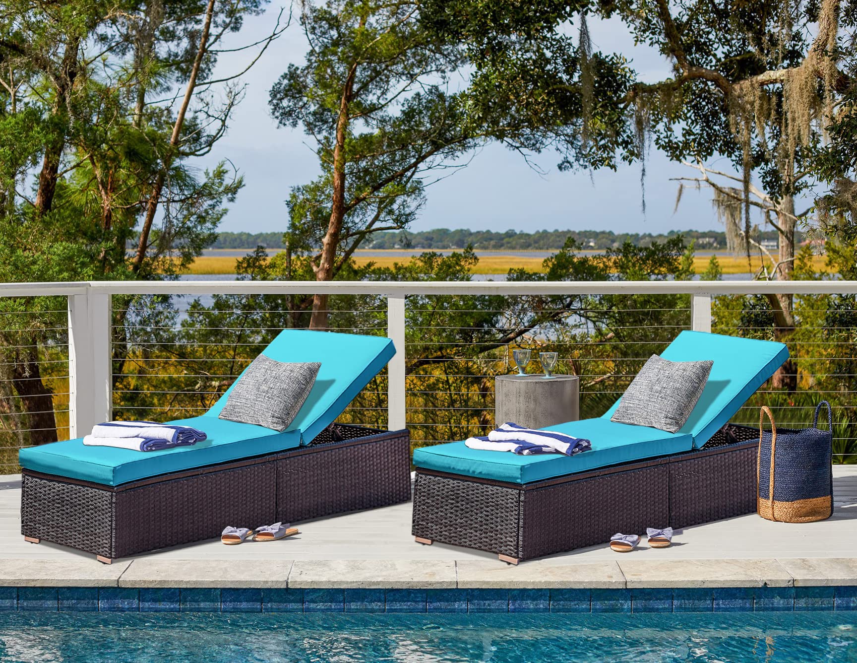 Outdoor PE Wicker Chaise Lounge, Patio Lounge Chair Adjustable Reclining Chair for Pool with Removable Cushion, Black and Blue