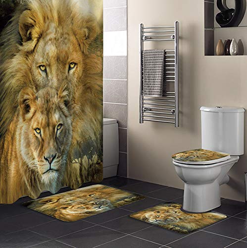 BULING 4Pcs Shower Curtain Set with Rugs,Mighty Lion Father and Son Shower Curtain with 9 Hooks, Bath Mat, Toilet Lid Rug and Non-Slip U Shape Mat Accessories