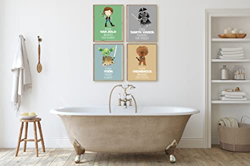 Silly Goose Gifts Even In A Galaxy Far Far Away - They Brush Teeth Take A Bath Wash Hands Bathroom Wall Art Decor (Set of Four)