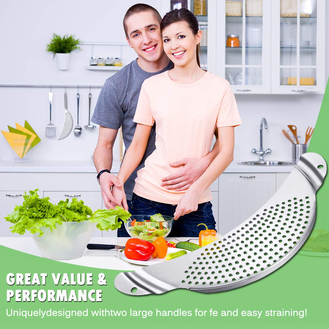 3pcs Stainless Steel Pot Strainer, Pasta Strainer Hand Held Pot Drainer with Handle, Crescent Pot Strainer Fits up to 9" Pots for Noodles Pasta Fruit Veggies