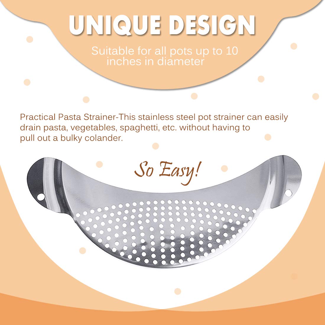 3pcs Stainless Steel Pot Strainer, Pasta Strainer Hand Held Pot Drainer with Handle, Crescent Pot Strainer Fits up to 9" Pots for Noodles Pasta Fruit Veggies