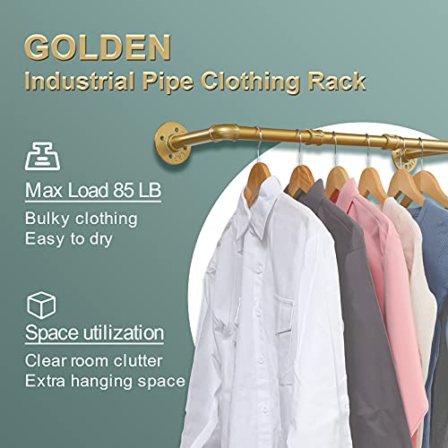 Industrial Pipe Clothing Rack, 29 Inch Wall Mounted Clothes Rack, Gold Clothing Rod for Closet Storage, Laundry Room and Balcony, Multi-Purpose Hanging Bar (Gold)