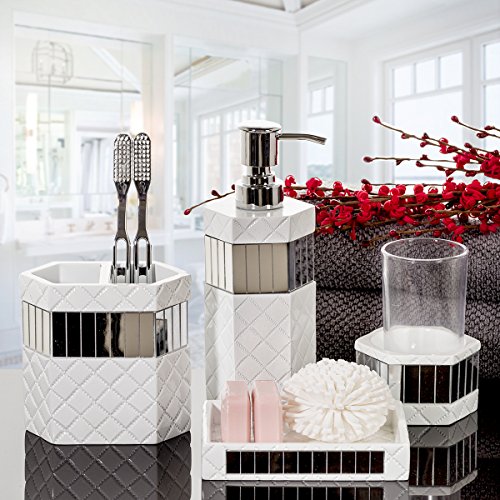 Creative Scents White Bathroom Accessories Set - Decorative 4 Piece Bathroom Set - Mirrored Bathroom Accessory Set Includes: Soap Dispenser, Toothbrush Holder, Tumbler & Soap Dish (Quilted Mirror)