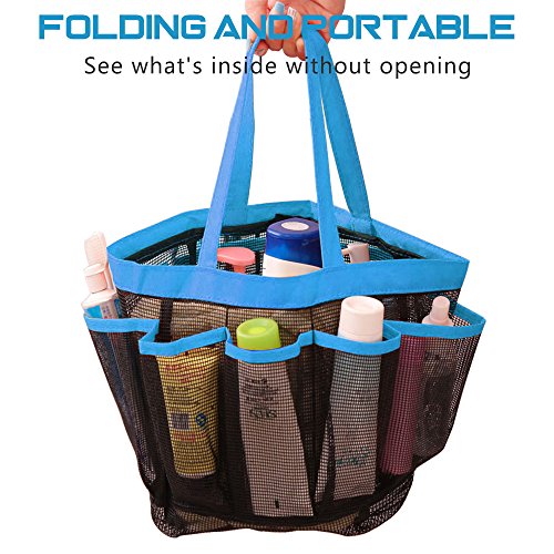 DanziX 2 Pack Portable Mesh Shower Caddy, Quick Dry Shower Tote Bag Hanging Toiletry Bath Organizer with 8 Storage Compartments for Shampoo, Soap and Other Bathroom Accessories - Black, Blue