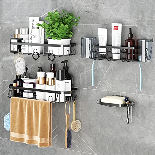 ANTOPY 2 Tier Fruit Basket with 2 Banana Hangers, Countertop Fruit Vegetable Basket Bowl for Kitchen Counter & Shower Caddy Shelf Rack with Soap Dish Toothbrush Holder Shower Organizer 4 Pack