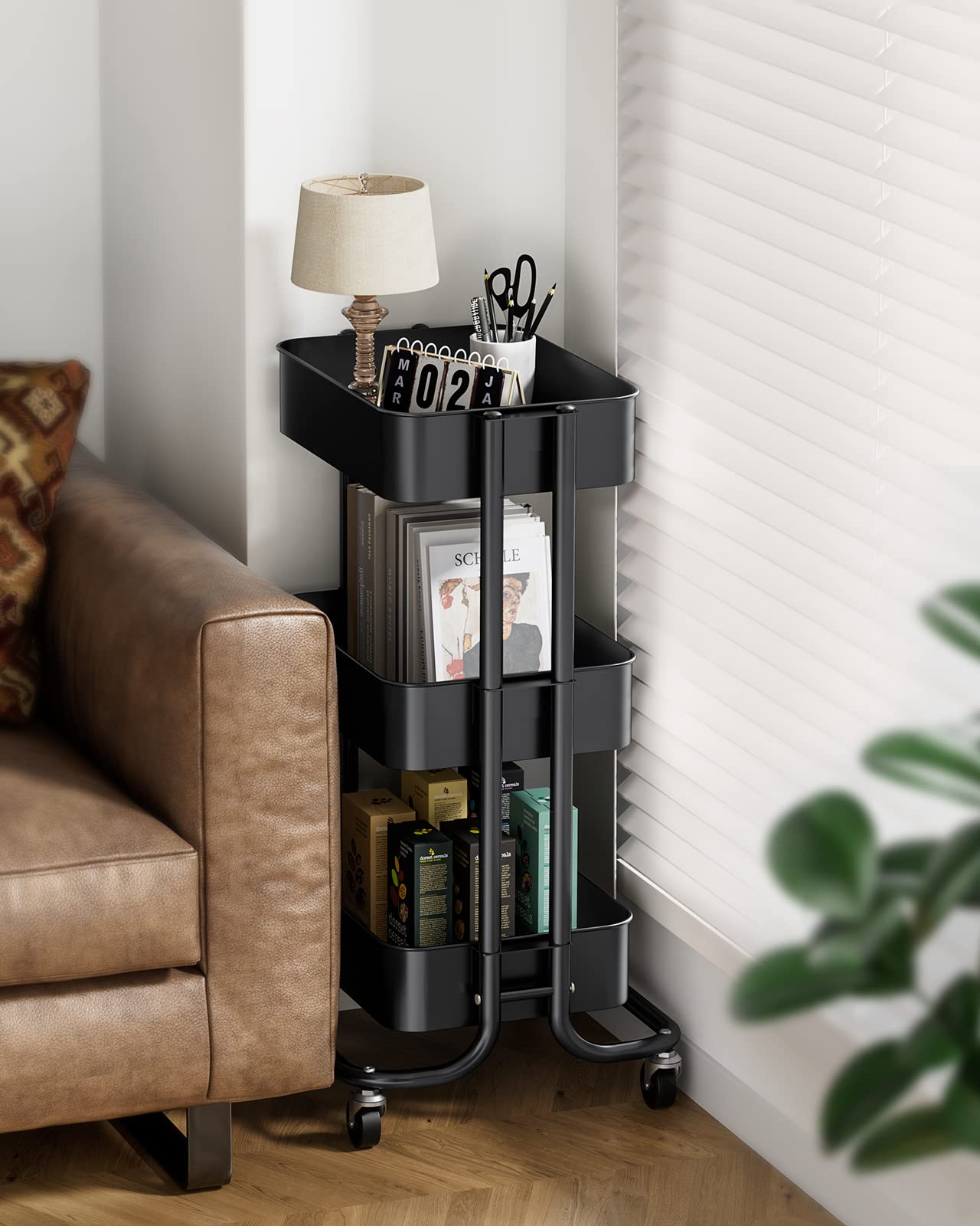 Pipishell 3 Tier Metal Rolling Utility Cart, Heavy-Duty Storage Rolling Cart with 2 Lockable Wheels, Multifunctional Mesh Organization Utility Cart for Kitchen Dining Room Living Room (Black)