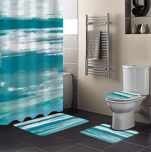 BestLives 4 Pcs Shower Curtain Sets with Rugs Abstract Turquoise Cyan Non-Slip Soft Toilet Lid Cover for Bathroom Ombre Turquoise Art Texture Bathroom Sets with Bath Mat and 12 Hooks