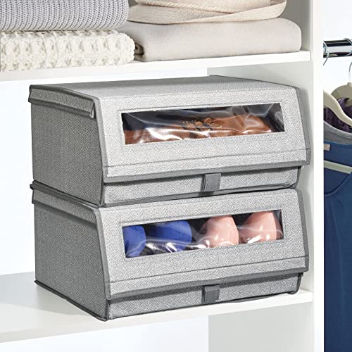 mDesign Large Fabric Closet Shoe Storage Box w/Clear Window - Shoe, Sandal, Sweater, Linen, Clothes Organizer - Boot Storage Solutions - Shoe Bin - Lido Collection, 4 Pack, Gray Herringbone