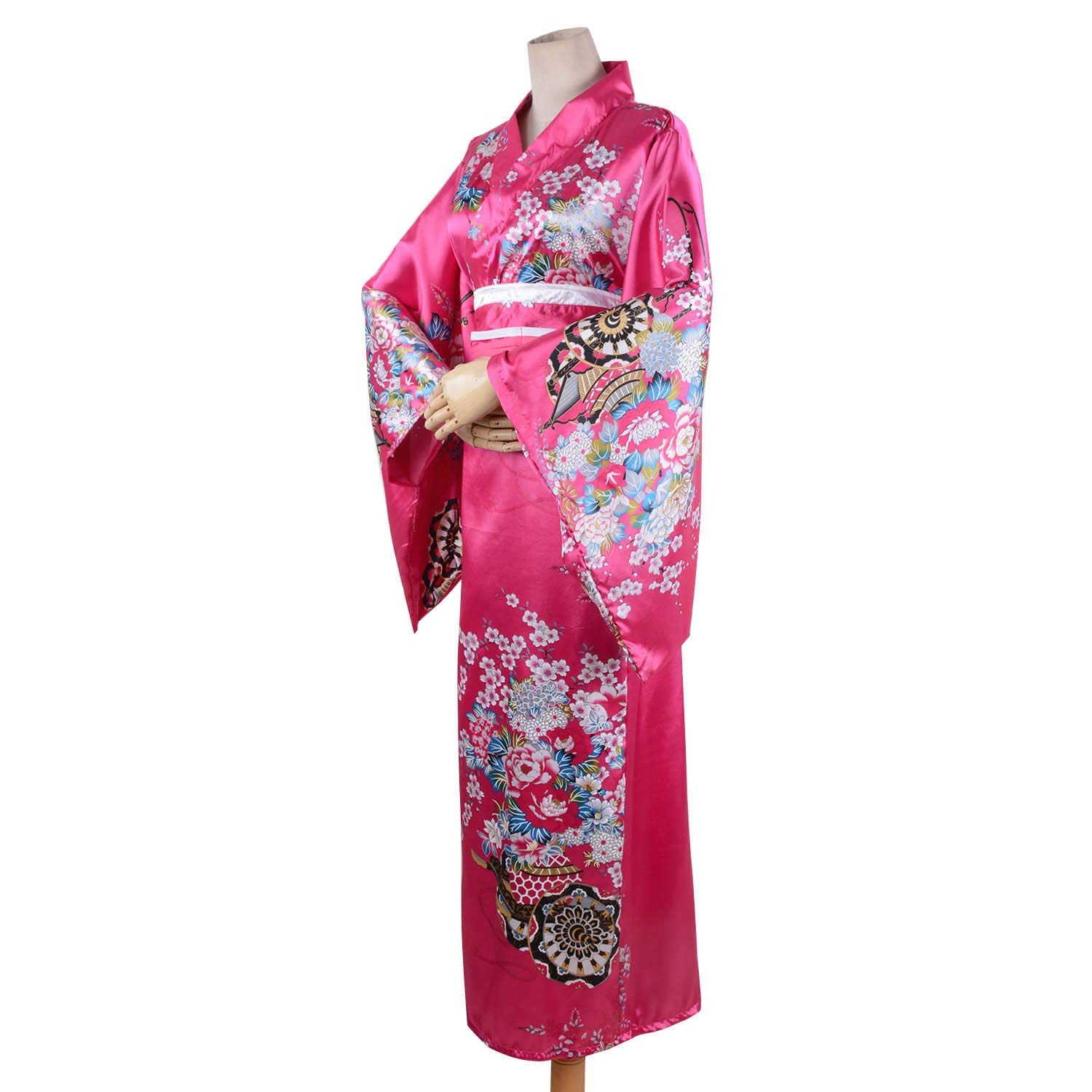 Women's Floral Print Traditional Japanese Kimono Goldfish OBI Blossom Costume Set Belt Robe