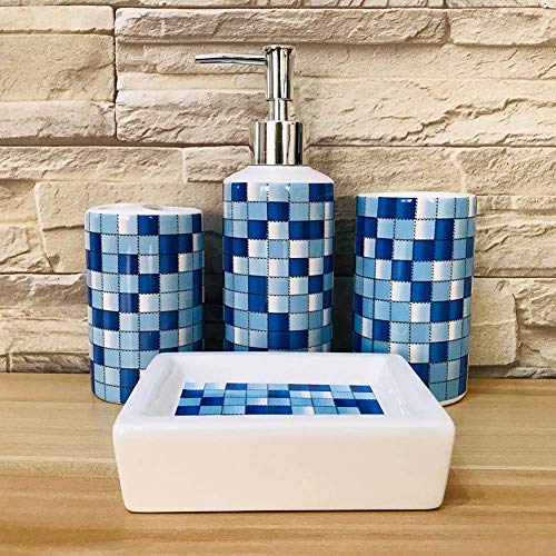 AUANIYAN Ceramic Bathroom Accessories Set, 4 Pieces Modern Design Bath Set Soap Dispenser,Toothbrush Holder, Tumbler,Soap Dish(Blue Mosaic)