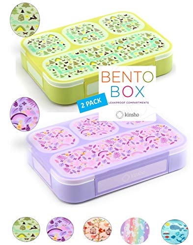 Bento Box for Kids Lunch-Boxes for Girls Boys | Food Safe Portion Snack Containers for Toddlers Pre-School | Cute Day-Care Meal Container BPA Free Lunches | Purple Green-Yellow 4 Compartments, 2 pack