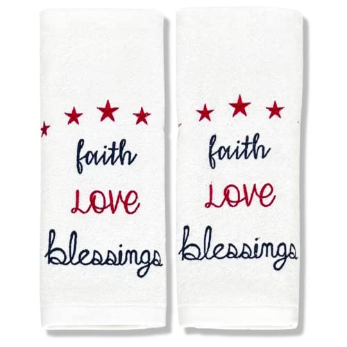 VCNY Home Patriotic White Hand Towels: Luxury Soft Absorbent Terry Cloth Embroidered American Sentiments: Faith Love Blessings, 16" by 28" Inch, 2 Piece
