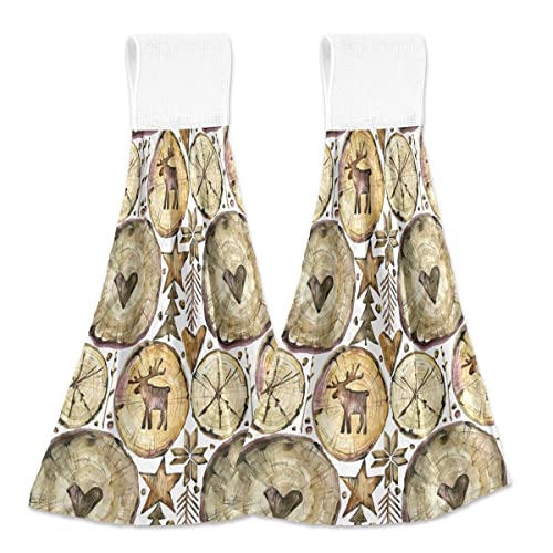 Vintage Wooden Love Deer Hand Towels Pine Tree and Snowflakes Soft Tie Towel Christmas Portable Tea Towels Dish Washcloths Kitchen Hand Towel Absorbent Hanging Tie Towels with Loop for Bathroom
