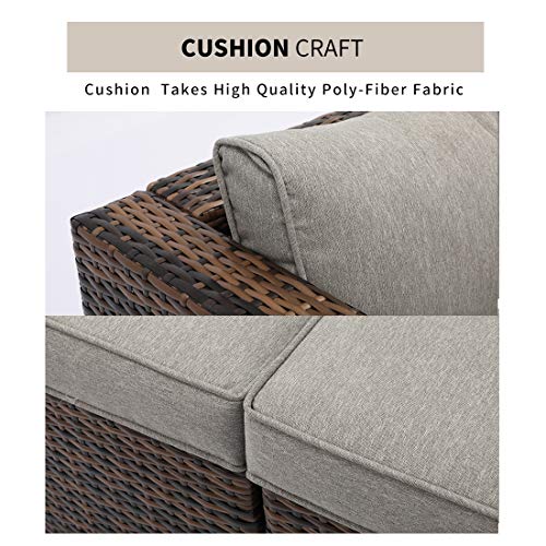 HOMPUS 6 Pieces Outdoor Furniture Set, All-Weather Patio Conversation Set Brown Handwoven Wicker w/Washable Gray Cushions, Glass Coffee Table, Modular Sectional Sofa Set for Backyard Garden Deck Pool