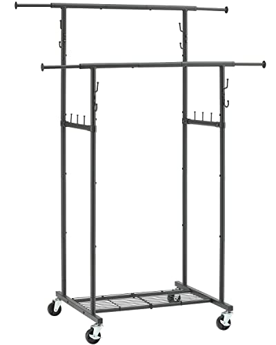 Gewudraw Double Rod Garment Rack, Heavy Duty Clothes Rack, Metal Rolling Garment Rack with Wheels, Shelves and Hooks, Clothing Garment Rack Closet Organizer Freestanding Hanger for Hanging Clothes