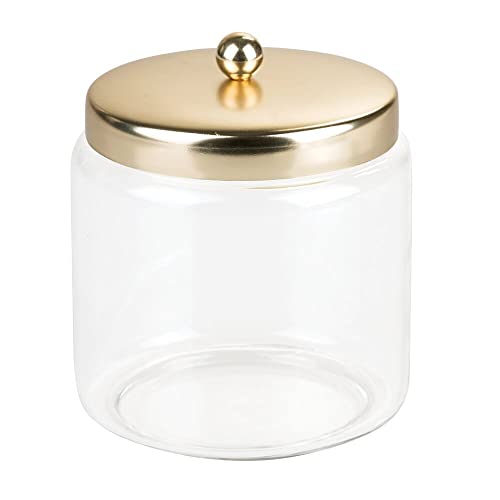 mDesign Modern Glass Bathroom Vanity Storage Organizer Canisters Jars for Cotton Balls, Swabs, Makeup Sponges, Bath Salts, Hair Ties, Jewelry - Clear/Gold Brass