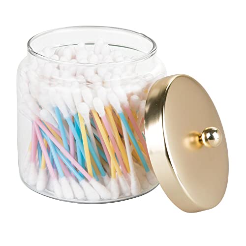 mDesign Modern Glass Bathroom Vanity Storage Organizer Canisters Jars for Cotton Balls, Swabs, Makeup Sponges, Bath Salts, Hair Ties, Jewelry - Clear/Gold Brass