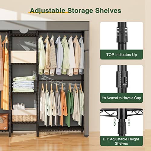 LEHOM G6C Heavy Duty Clothes Rack with Cover, Wire Garment Rack for Hanging Clothes, Compact Closet Storage Clothing Rack with Gray Oxford Fabric Cover, Adjustable Hanging Clothes Racks for Bedroom