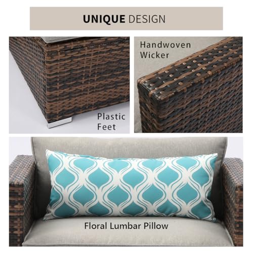 HOMPUS 6 Pieces Outdoor Furniture Set, All-Weather Patio Conversation Set Brown Handwoven Wicker w/Washable Gray Cushions, Glass Coffee Table, Modular Sectional Sofa Set for Backyard Garden Deck Pool