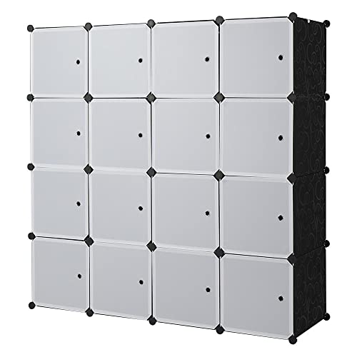 Kopokd Maximize Home Organization with Stackable Modular Shelving Closet Organizer - Plastic Storage Cubes with Hanging Rod and Wardrobe Cabinet Plus White Doors and Black Panels