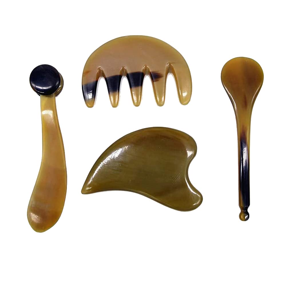 4 Pack OX Horn Gua Sha Tool Sets, Chinese Scraping Board, Massage Comb Reflexology Stick Gua Sha Spoon Board for Face, Body, Neck Releasing, Muscle Pain Reducing