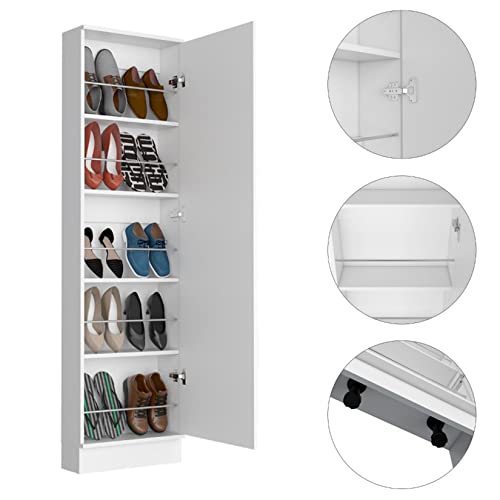 Ymlpre Full Length Mirror Shoe Rack, Wooden Standing Shoe Organizer, Five Internal Shelves, One-Door Shoe Cabinet for Entryway, Bedroom & Hallway, 18.5”W x 7.4”D x 66.9”H, White
