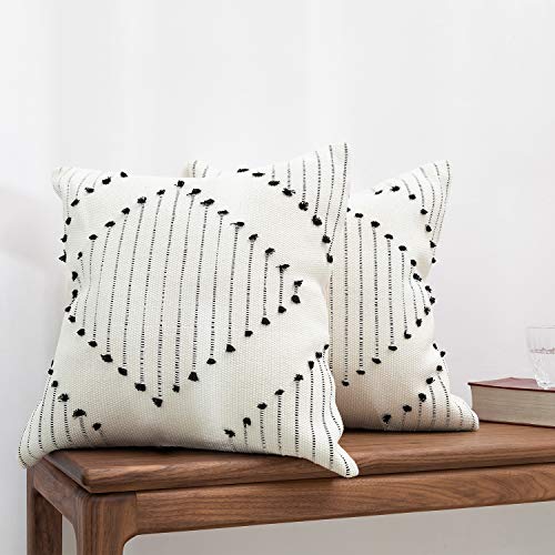 blue page Boho Throw Pillow Covers, Black and Cream White, Set of 2 Modern Farmhouse Accent Home Decor, Neutral Woven Decorative Pillow Covers for Couch/Bed (18 x 18 Inches, Cream/Black)