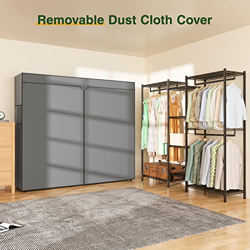 LEHOM G6C Heavy Duty Clothes Rack with Cover, Wire Garment Rack for Hanging Clothes, Compact Closet Storage Clothing Rack with Gray Oxford Fabric Cover, Adjustable Hanging Clothes Racks for Bedroom