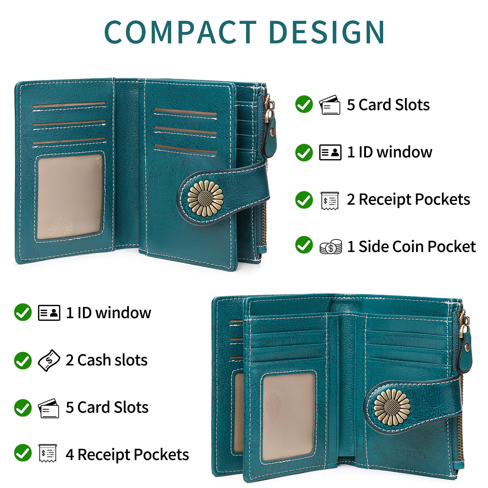 SENDEFN Small Womens Wallet Leather Bifold Card Holder RFID Blocking with Zipper Coin Pocket
