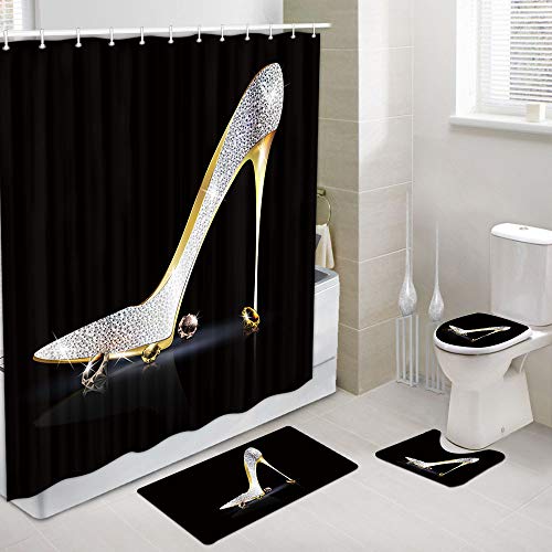 JAWO Girly Decor Shower Curtain and Bath Mat Set 69x70 Inch, Fashion Lady High Heel Shoe with Diamonds Bathroom Curtain with Hooks, Bathroom Mat Set with Contour Rug, Mat and Toilet Lid Cover